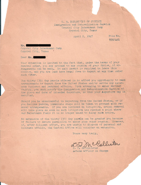1947 Immigration and Naturalization Letter Offering Thirty Day Parole ...